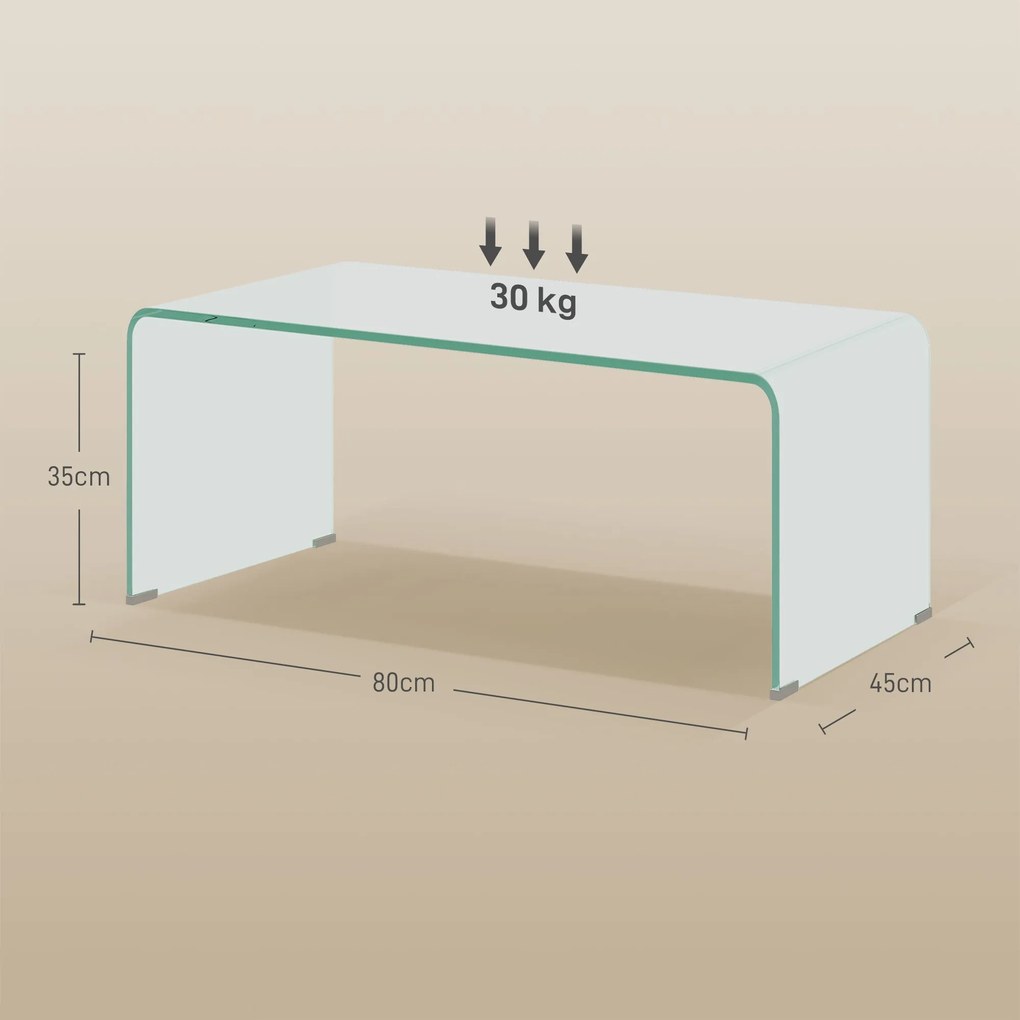 HOMCOM Průhledný Skleněný Kávový Stolek Obdélníkový Moderní Design Temperované Sklo s Bezpečnými Zaoblenými Okraji 80 x 45 x 35 cm