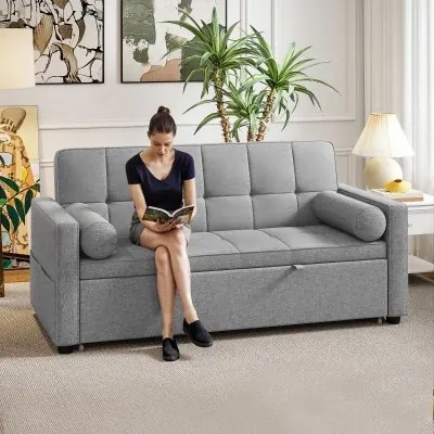 HOMCOM 2místná rozkládací pohovka 3‑v‑1 s dvojlůžkem, nastavitelným opěradlem a 2 polštáři 151x137,5x84 cm, šedá