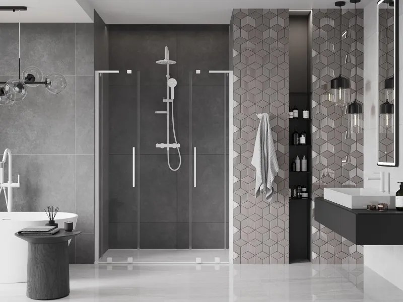 Mexen Velar L Duo, posuvné sprchové dveře do otvoru 150 cm, 8mm čiré sklo, bílá matná, 871-150-003-02-20
