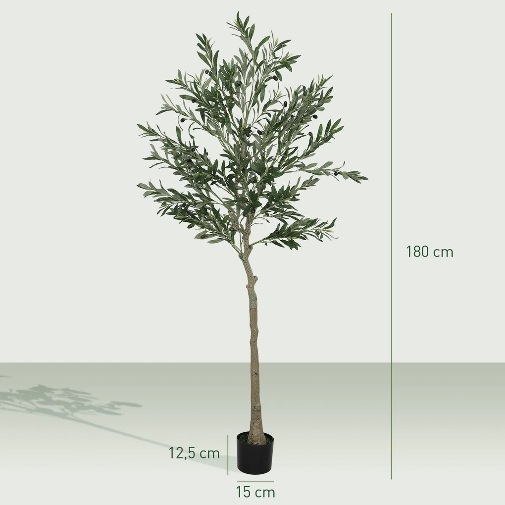 HOMCOM Umělý olivovník Velký 180 cm - Umělá rostlina, plastový olivovník v květináči, umělý strom s cementem, umělý mech pro obývací pokoj, ložnici, …