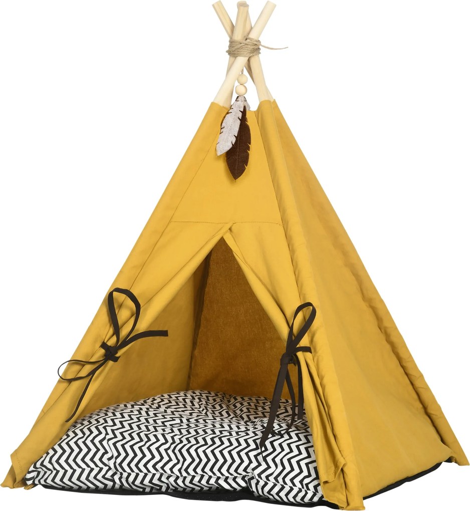 PawHut Tipi Stan pro Domácí Zvířata, Stan pro Kočky s Vyměnitelným a Pratelným Polštářem, Kočičí Dům s Protiskluzovým Spodkem, Hračková Kulička, pro K