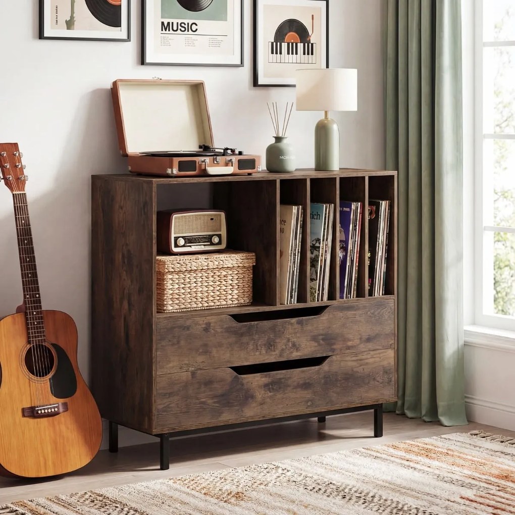 Costway Stojan na gramofon s 4 vinylovými přihrádkami a 2 zásuvkami