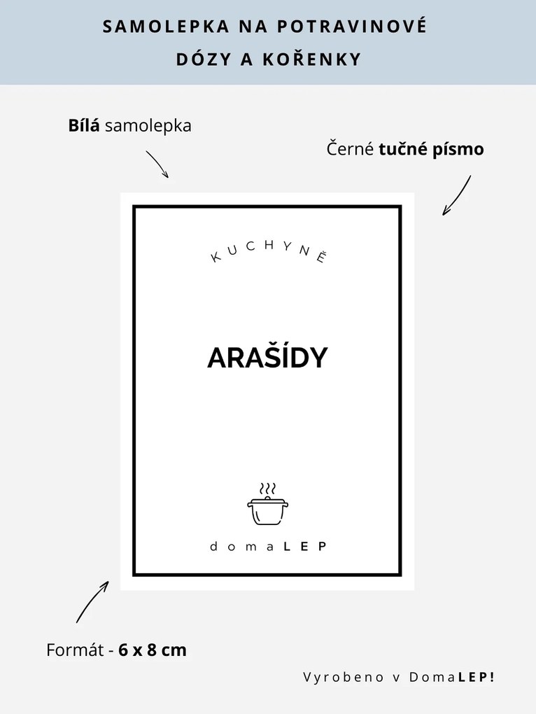 ARAŠÍDY – bílá samolepka na dózu, tučné písmo, 6 x 8 cm | DomaLEP