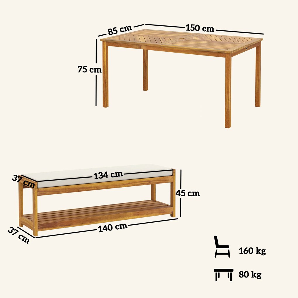 Outsunny 3dílná sada zahradního nábytku, sedací souprava včetně 1 jídelního stolu s otvorem pro slunečník, 2 lavice 150 x 85 x 75 cm teakové dřevo
