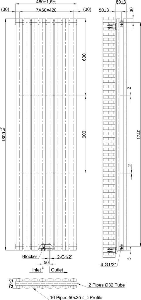Invena Duo, topné těleso 1800x480mm, 1306W, 2x8 žeber, černá matná, INV-UG-20-C18-A