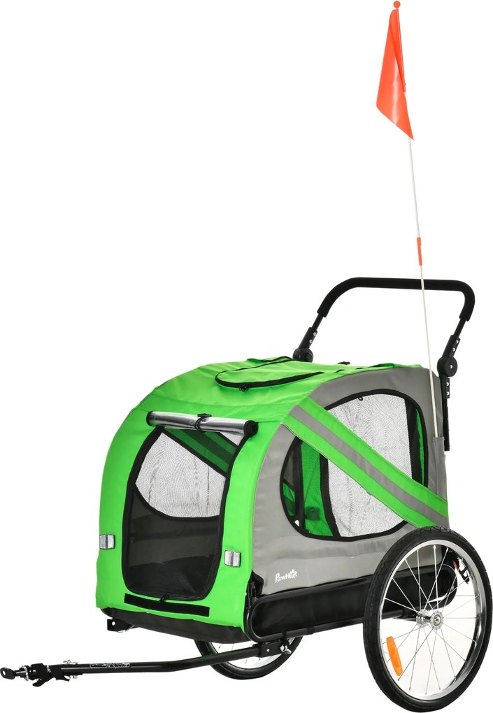 PawHut Závěsný vozík na kolo pro psy 2 v 1 s rolovacími dveřmi, bezpečnostním pásem, vlajkou a 6 odrazkami, nosnost 30 kg, 140x72,5x108 cm, zelený | A