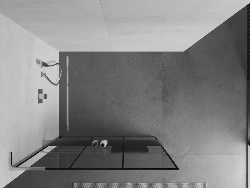 Mexen Kioto+ L, sprchová zástěna Walk-In s poličkou a věšákem 100 x 200 cm, 8mm čiré sklo černý vzor, chromový profil, 800-100-123-01-77