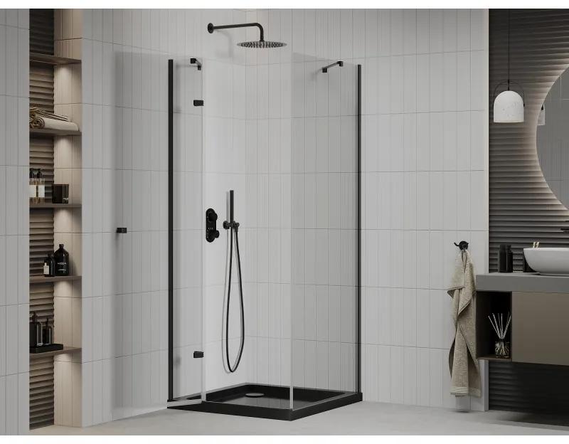 Mexen Roma sprchový kout s otočnými dveřmi 90 x 90 cm, Průhledné, Černá + sprchová vanička Flat, Černá - 854-090-090-70-00-4070B