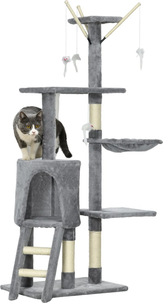 PawHut Škrabací strom 134,2 cm Kočičí věž s jeskyní, 2 hračkami, sisalovými sloupky, velkou platformou, schody, vícestupňový škrabací strom, lezecký s