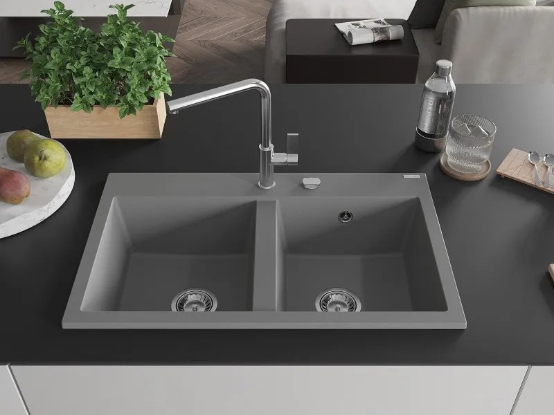 Mexen Hektor žulový dřez dvoukomorový 800 x 480 mm, šedý, sifon chrom - 6521802000-71