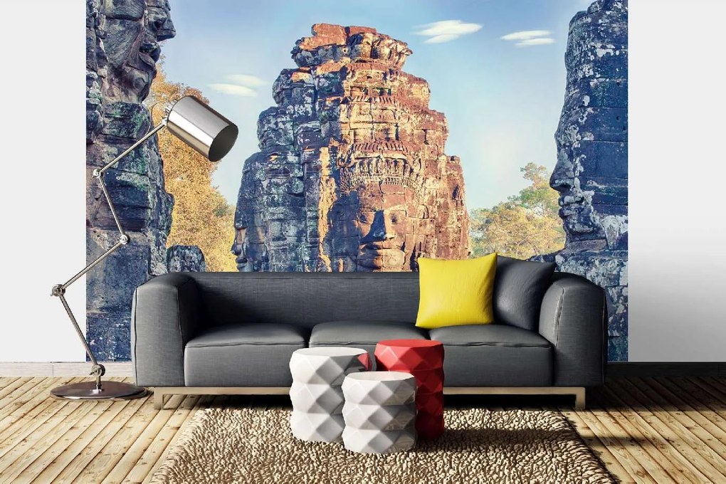 DIMEX | Samolepicí vliesová fototapeta na zeď Chrám Bayon MA-5-1677 | 375 x 250 cm | modrá, hnědá, šedá