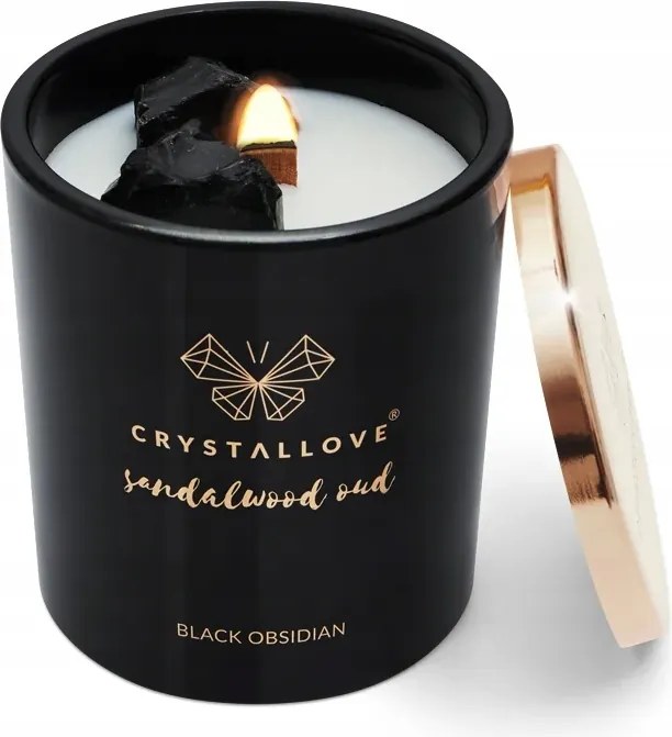 Crystallove Sójová svíčka s černým obsidiánem santalové dřevo oud 400 g