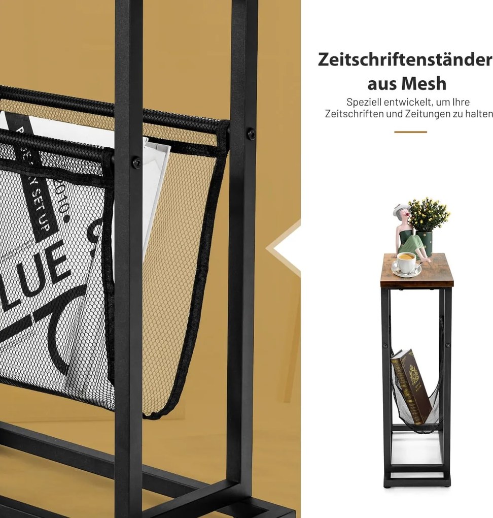 Costway Industrial odkládací stolek 2patrový úzký hnědá + – 48 × 18 × 54,5 cm