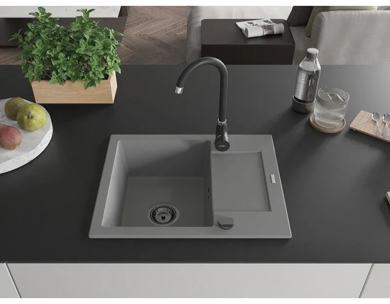 Mexen Enzo, granitový dřez 576x465x174 mm, 1-komorový, šedá s černým sifonem, 6506571005-71-B