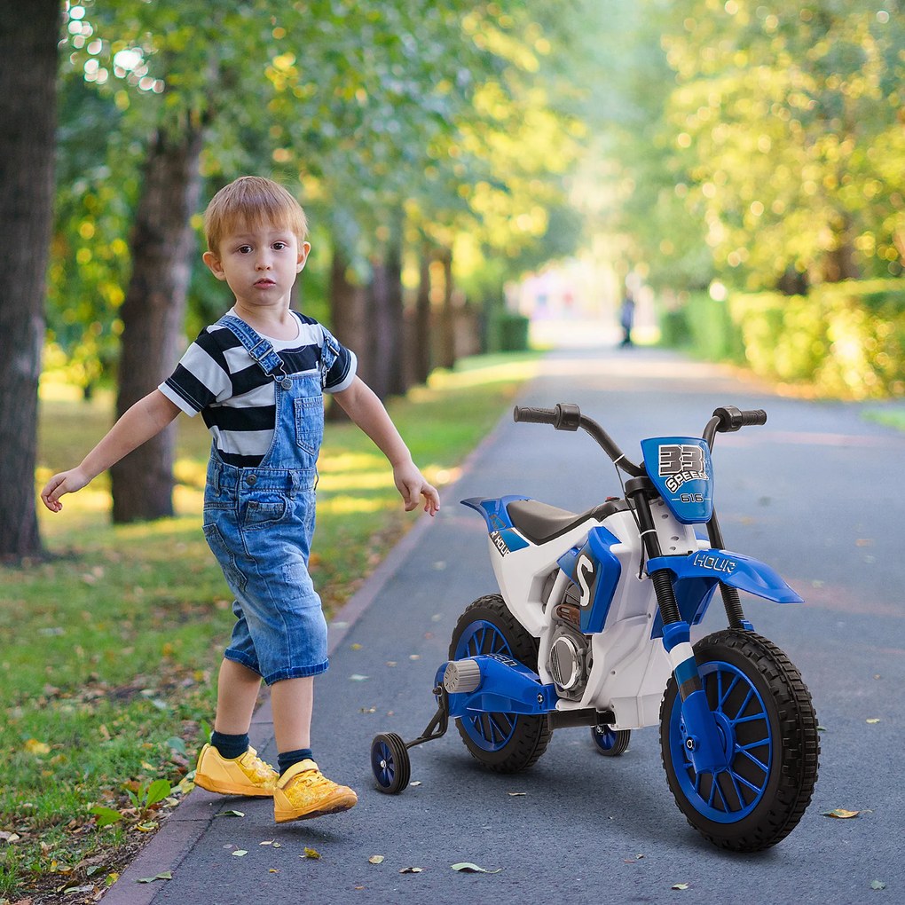 HOMCOM Dětská elektrická motorka 12V, se 2 odnímatelnými tréninkovými koly, od 3 let, PP kov, modrá+bílá