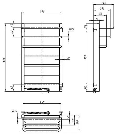 Koupel. elektrický radiátor s term. FORTIS 350W/230V 80,6 cm IP44 černá levá