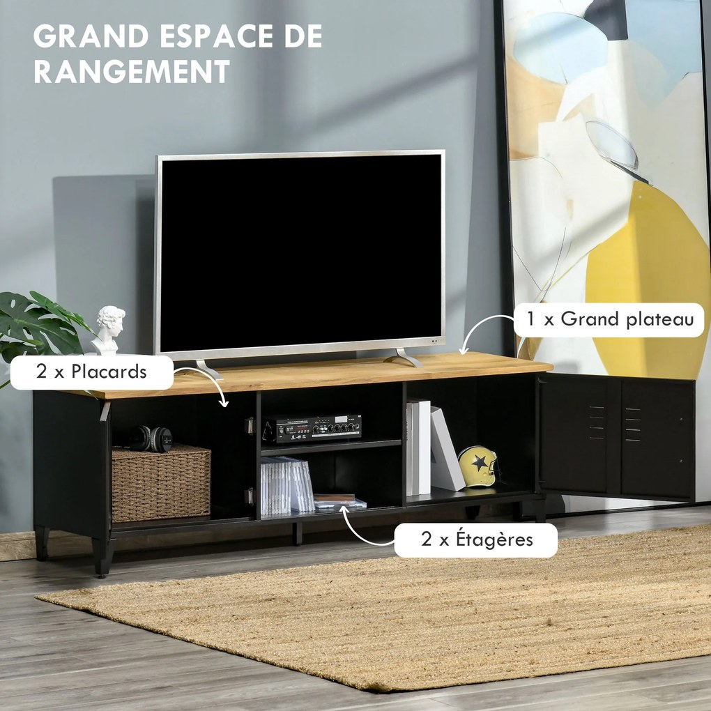 HOMCOM TV Stojan pro televizory do 55'' s 2 skříňkami, nastavitelné nohy, černý kovový rám, přírodní dřevěný vršek, 150 x 40 x 50 cm