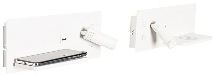 Sada 2 nástěnných lamp bílých vč. LED s USB a indukční nabíječkou - Riza