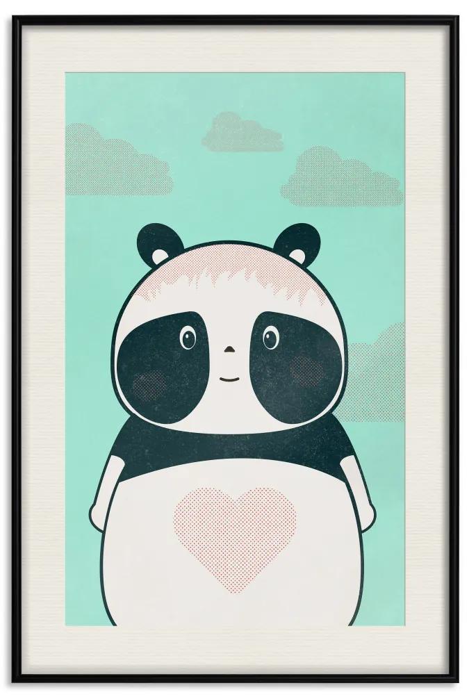 Plakát Starostlivý Panda - veselý panda s srdíčkem na světle modrém pozadí