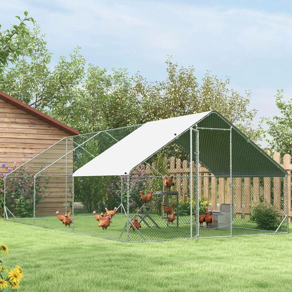 PawHut kurník, 3 x 6 x 2 m, volný výběh XXL, venkovní kurník se stínem, střecha, pro 12-18 kuřat, kachny, králíky, ocel