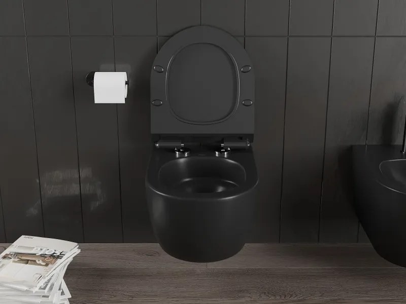Mexen Carmen, závěsná WC mísa 490x365x340 mm, Rimless Tornádo + WC sedátko z duroplastu, černá matná, 30880185T