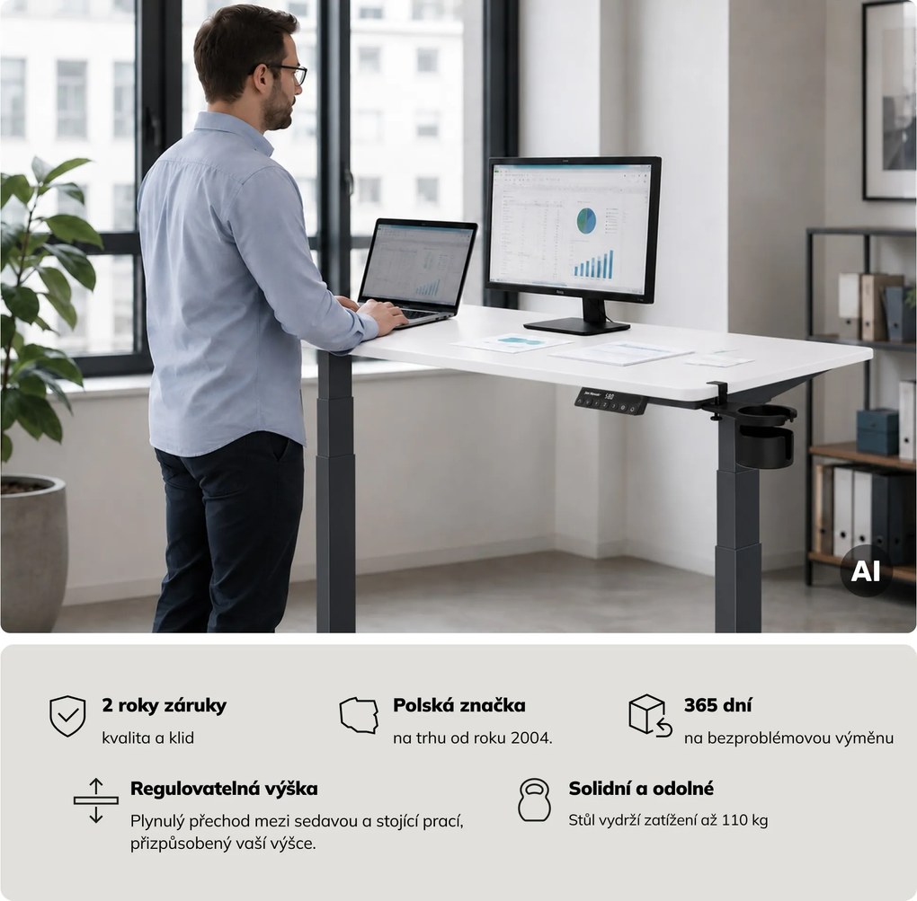 Elektrický stůl s nastavením výšky ergonomický antracitově-bílý, 1400x700 mm: ARIA