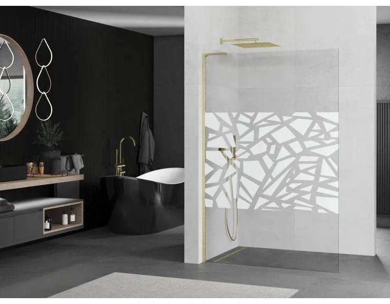 Mexen Kioto L, sprchová zástěna Walk-In 100 x 200 cm, 8mm čiré sklo bílý vzor, zlatý matný profil, 800-100-103-55-85