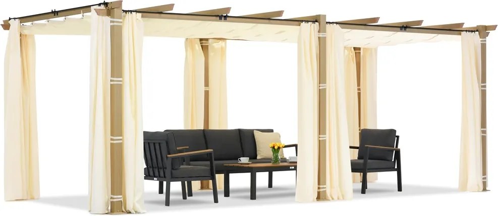 Barbadoská pergola na terasu 3x6 m s dřevěnými béžovými závěsy Garden Point