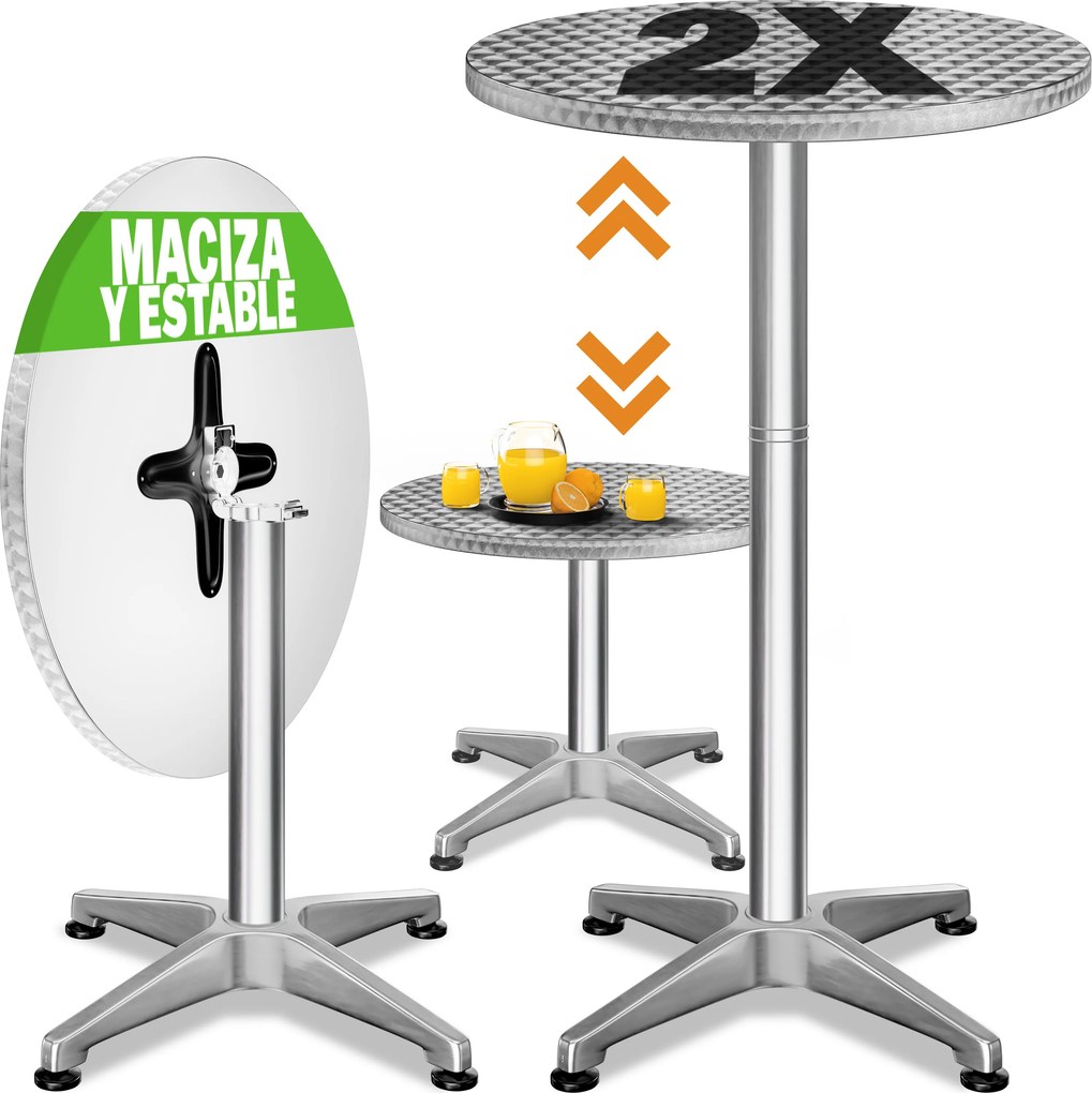 Barový stolek sada 2 ks Ø60cm hliníkový skládací výškově nastavitelný stříbrná
