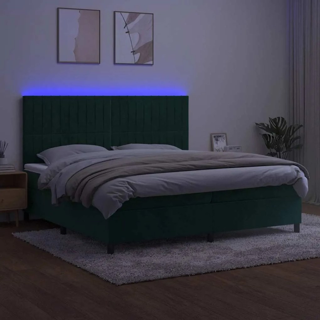 Box spring postel s matrací a LED tmavě zelená 200x200 cm samet 3136266