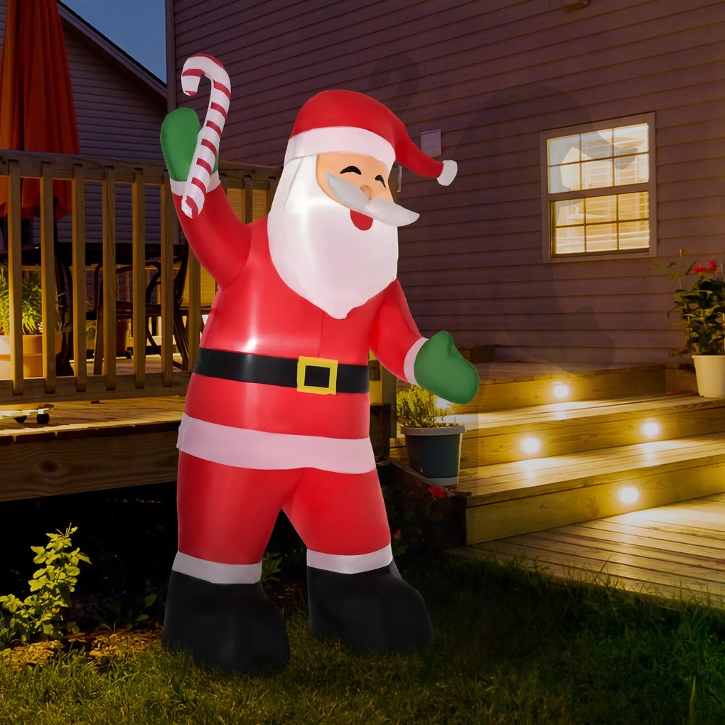 HOMCOM Nafukovací Santa Claus s LED osvětlením, včetně ventilátoru, upevňovacích lan, hřebíků do země, pytlů s pískem, 140cm x 85cm x 250cm