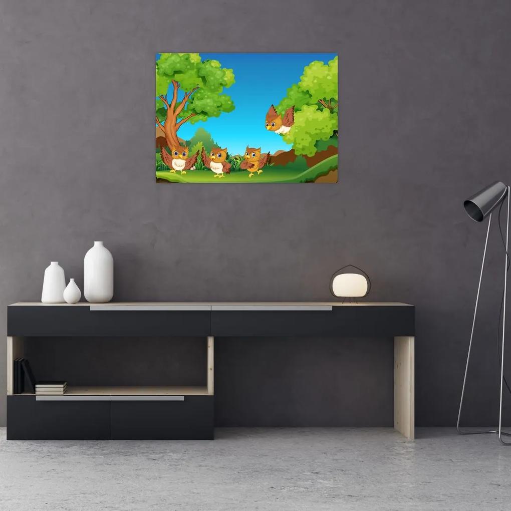 Skleněný obraz - Veselé sovičky (70x50 cm)