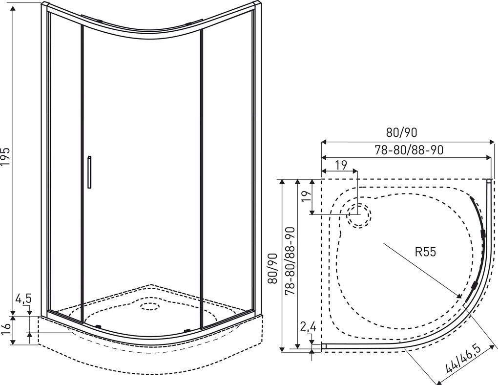 Novoterm Čtvrtkruhový sprchový kout NV-Solid RPS CHR 80, chrom/transparent - bez vaničky