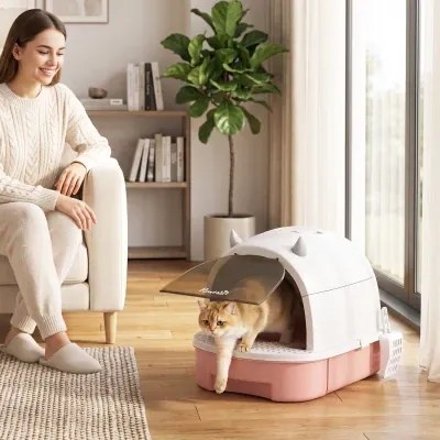 PawHut uzavřená kočičí toaleta s vysunovací zásuvkou, lopatkou a aktivním uhlíkovým filtrem, růžová