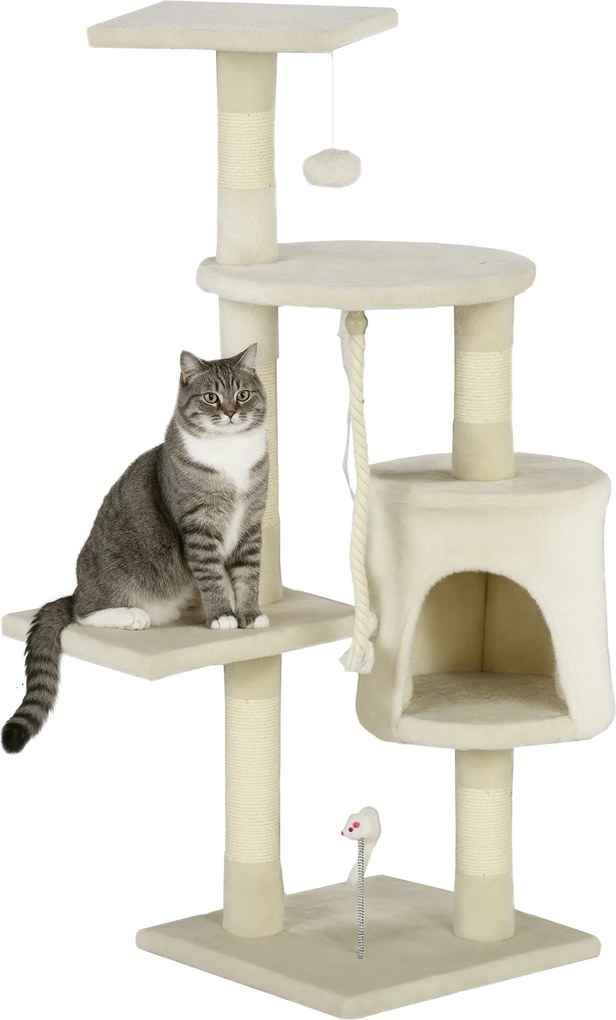 PawHut Kočka Škrábací Stožár Výška 116 cm Kočičí Strom Lezení Věž se Sisalovými Škrábacími Sloupky, Útulná Jeskyně, Platformy a Zábavné Závěsné Hračky