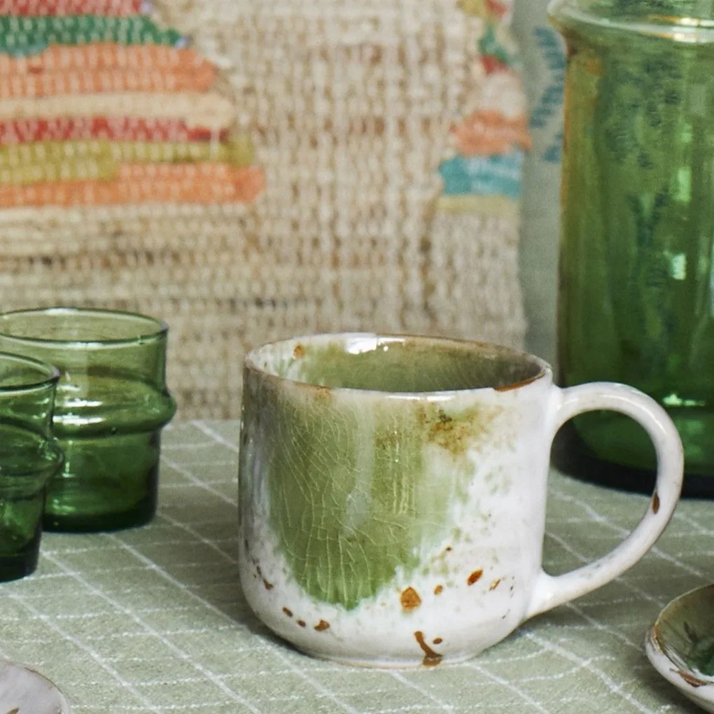MADAM STOLTZ Kameninový hrnek White/Green/Natural 250 ml, zelená barva, keramika