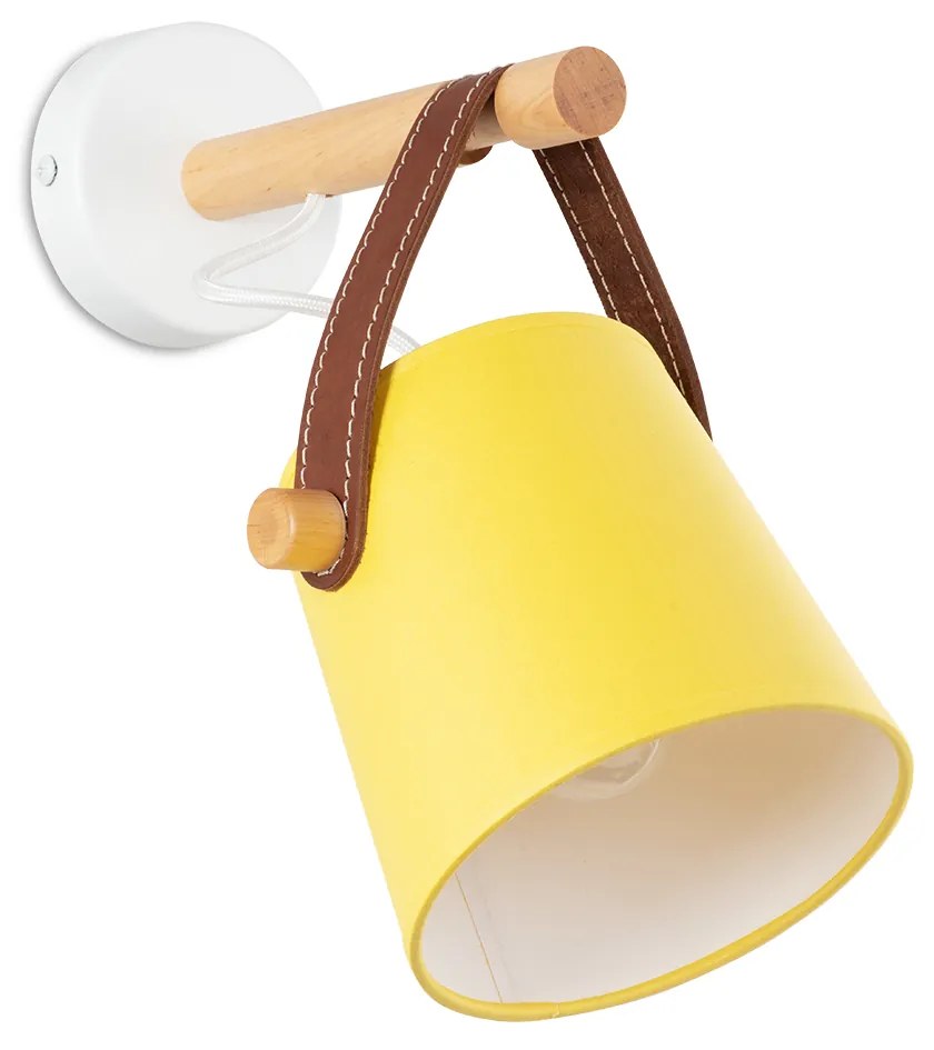 Light for home - Nástěnné svítidlo se stínítkem z textilu v žlutém provedení 60201 "RIONI", 1x40W, E27, bílá, přírodní olše, hnědá kůže