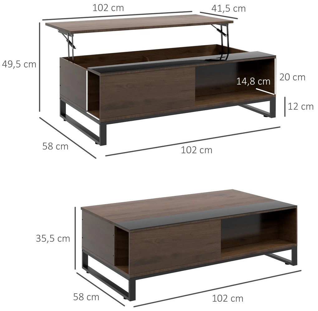 HOMCOM konferenční stolek odkládací stolek se zvedací funkcí 102x58x35,5cm moderní rozkládací stolek s úložným prostorem z oceli v barvě ořech černá |