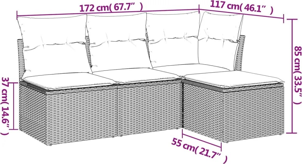 4dílná zahradní sedací souprava s poduškami hnědá polyratan 3249342