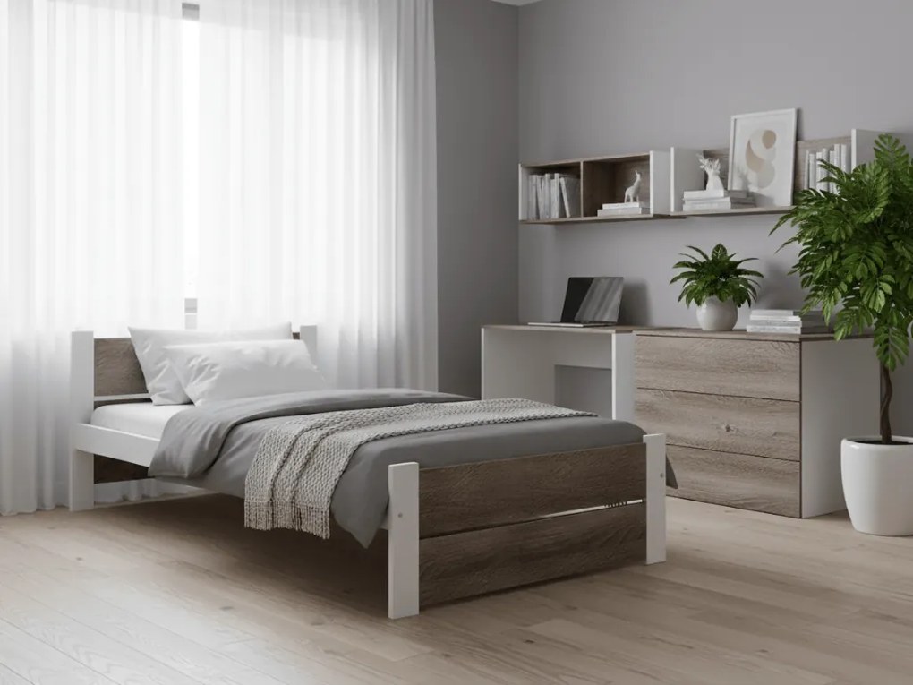Postel IKAROS DOUBLE 80 x 200 cm, bílá/dub lanýž Matrace: Matrace Deluxe 10 cm, Rošt: Bez roštu