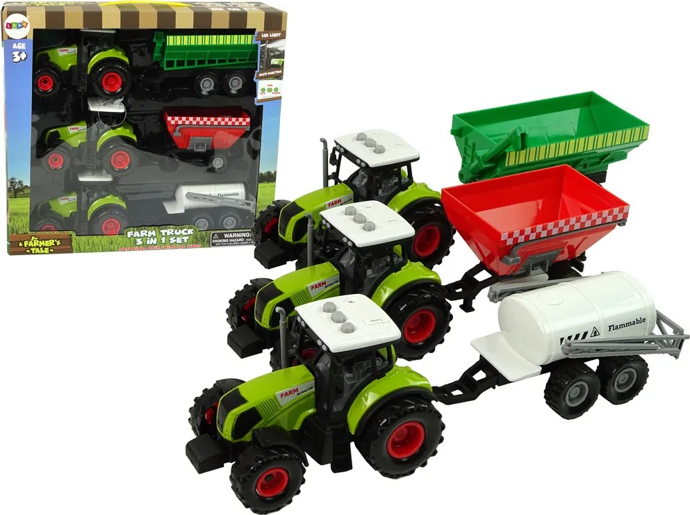 LEAN Toys Sada tří traktorů s přívěsy a postřikovačem, farma