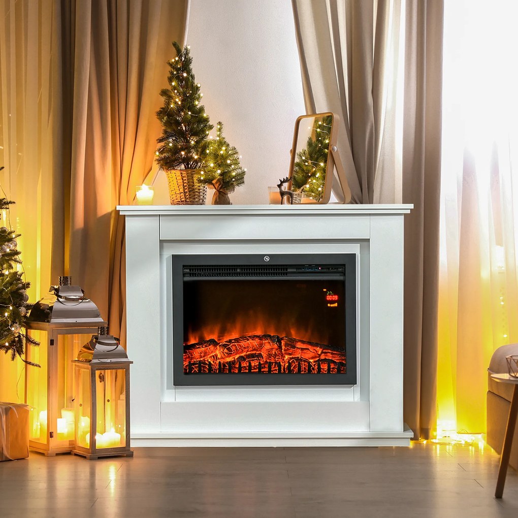 HOMCOM Elektrický krb, 3D LED plameny, dálkové ovládání, časovač, MDF, bílý
