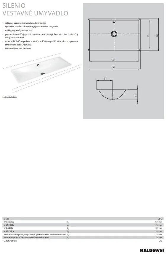 Kaldewei Silenio - Umyvadlo vestavné 634x391 mm s přepadem, AD, bez otvoru pro armaturu, s Perl-effektem, alpská bílá 906006003001