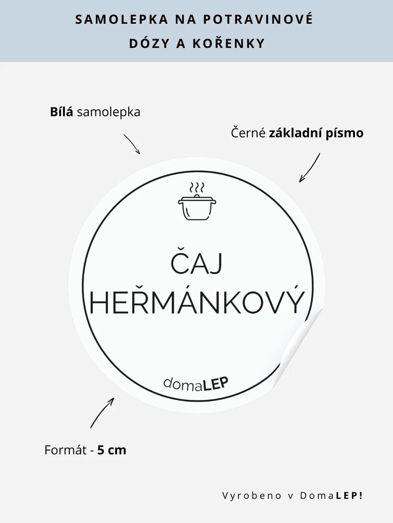 ČAJ HEŘMÁNKOVÝ – bílá samolepka na dózu, základní písmo, 5 cm | DomaLEP
