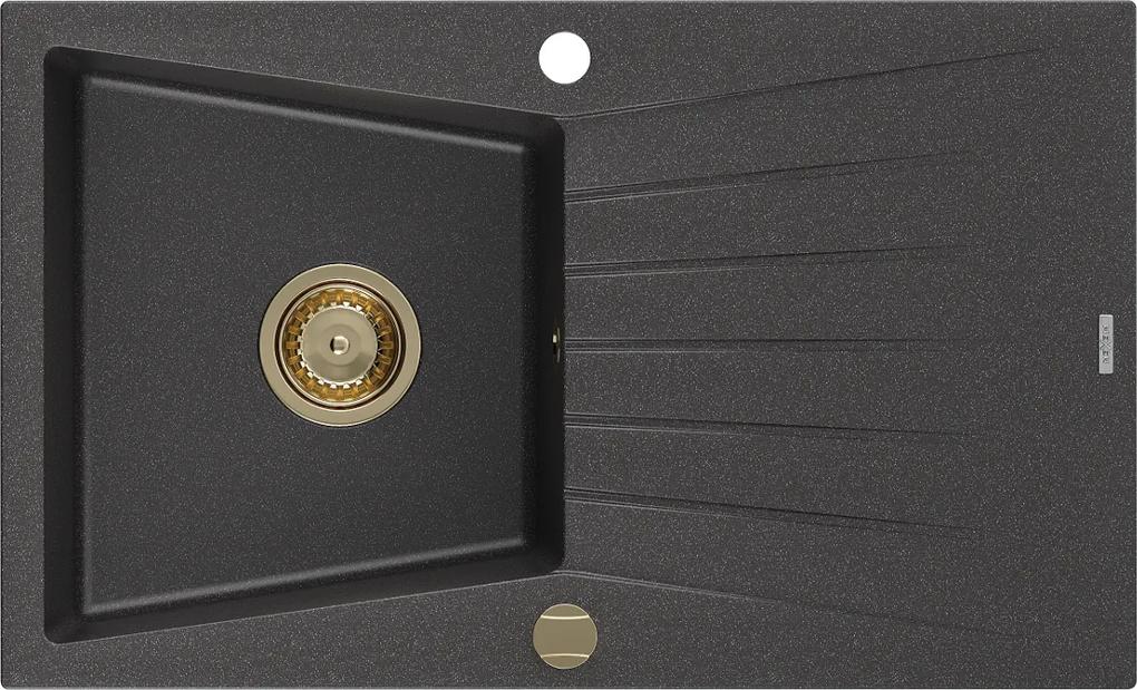 Mexen Cesar, granitový dřez 775x470x190 mm, 1-komorový, černá skvrnitá se zlatým sifonem, 6514771010-76-G