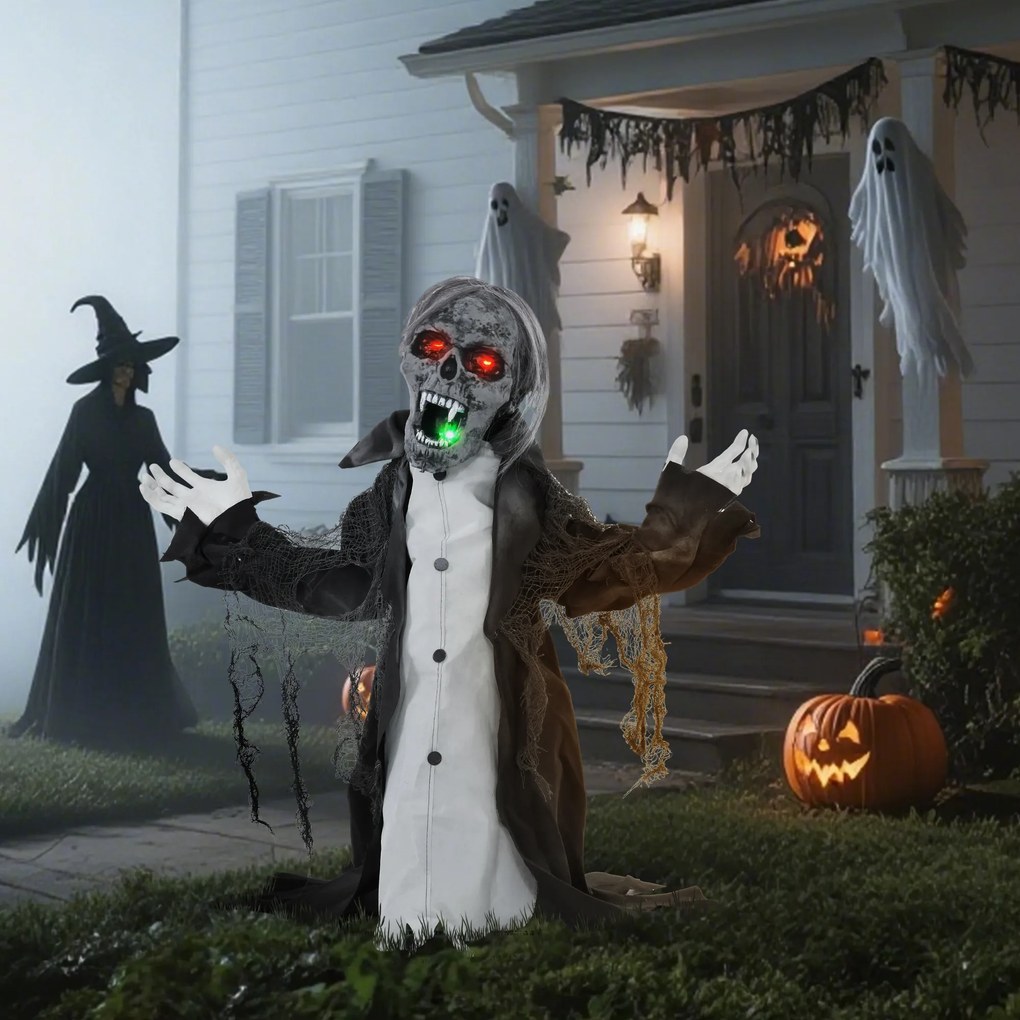 HOMCOM Halloweenská dekorace 75cm kostra s červenýma svítícíma očima a zvukem vytí, ovládaná pohybem, pro zahradu a interiér | Aosom.de