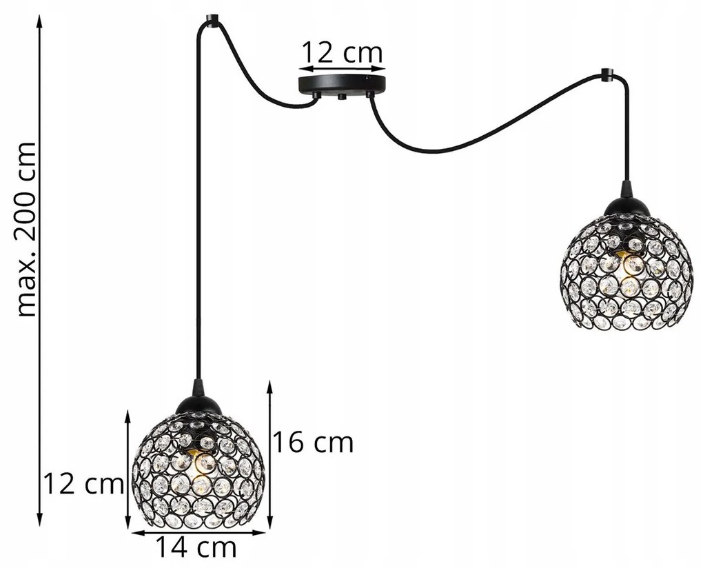 Závěsné svítidlo CRYSTAL SPIDER, 2x černé křišťálové stínítko