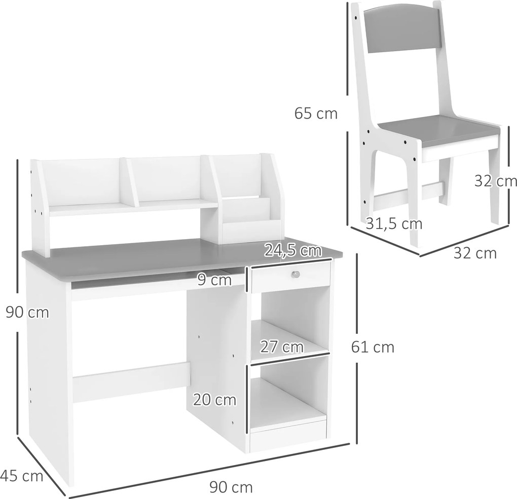 ZONEKIZ dětský psací stůl s ergonomickou židlí s vysouvací přihrádkou na klávesnici, nikami a otevřenými policemi, 90 x 45 x 90 cm šedý