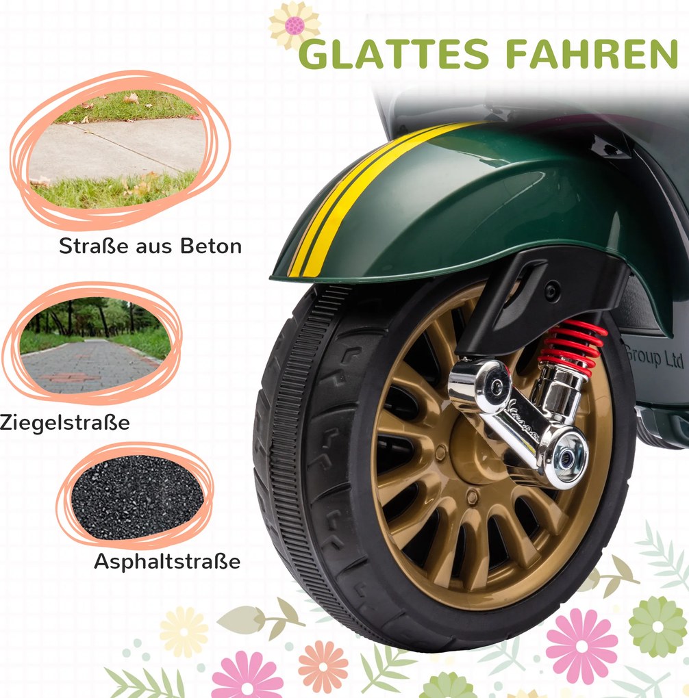 Dětská elektrická Vespa skůtr AIYAPLAY 6V – elektrická motorka pro děti 3-6 let, rozměry 107L x 47W x 73H cm, MP3 hudba, USB port, FM rádio, světlome…