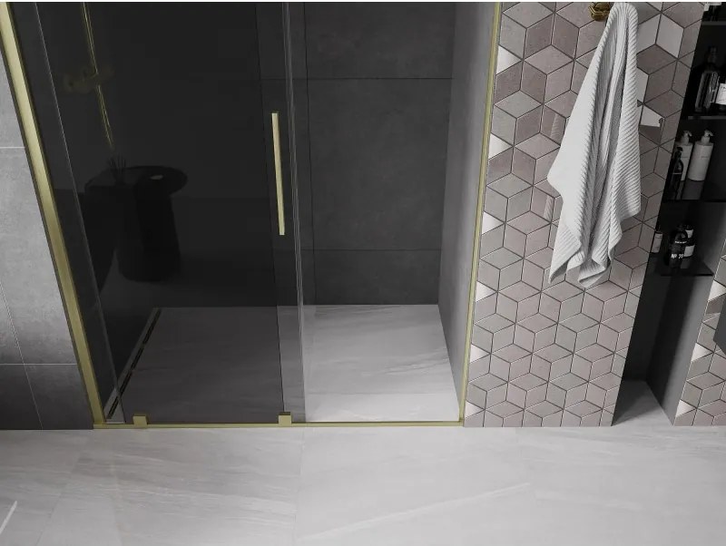 Mexen Velar, posuvné sprchové dveře do otvoru 150 cm, 8mm šedé sklo, zlatá matná, 871-150-000-41-55